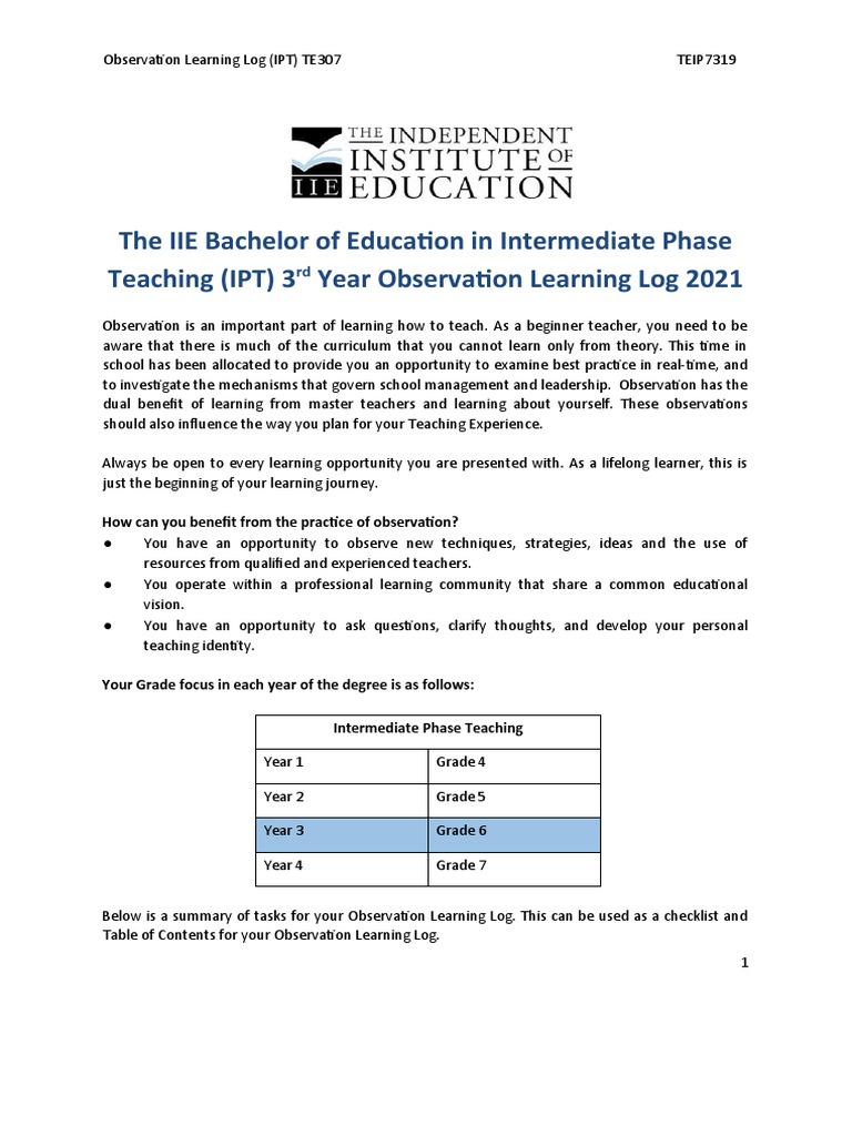 Additional Reading 10 - OBSERVATION LEARNING LOG | PDF | Educational ...