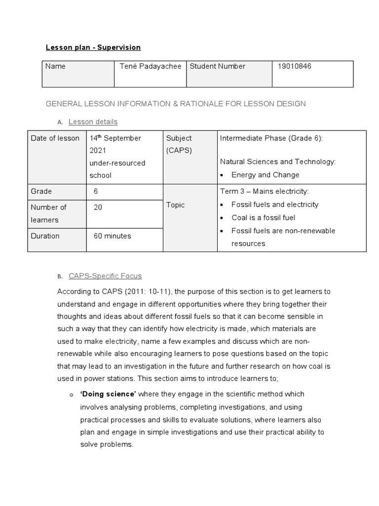 Lesson Plan For Fossil Fuels | PDF | Learning | Electricity