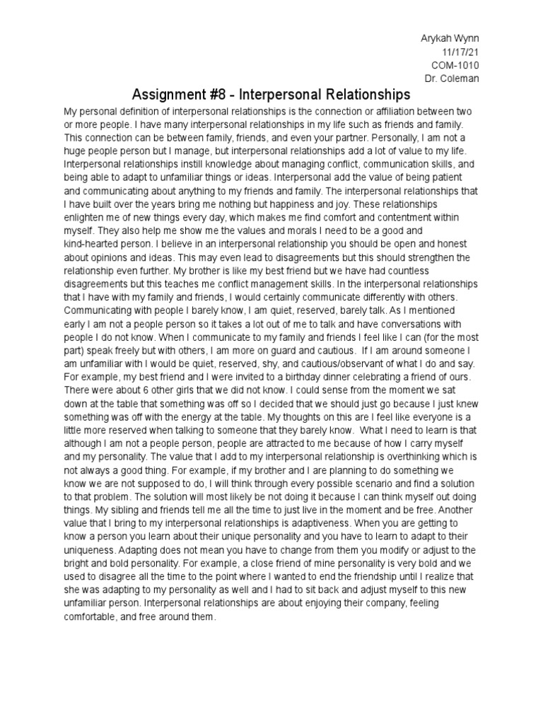 Assignment #8 - Dr. Coleman | PDF | Interpersonal Relationships ...