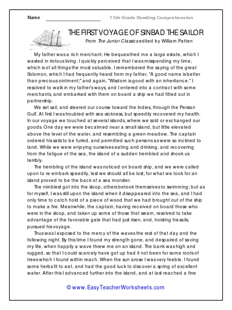 The First Voyage of Sinbad The Sailor: 11th Grade Reading Comprehension ...