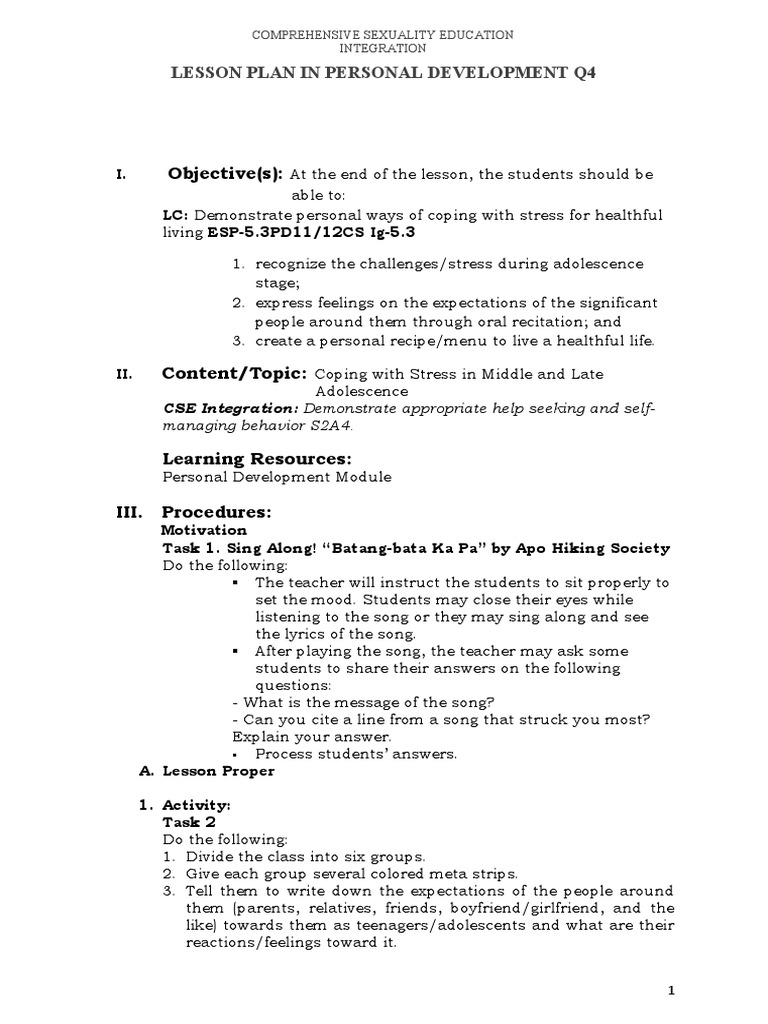Lesson Plan in Perdev | PDF | Stress (Biology) | Emotions