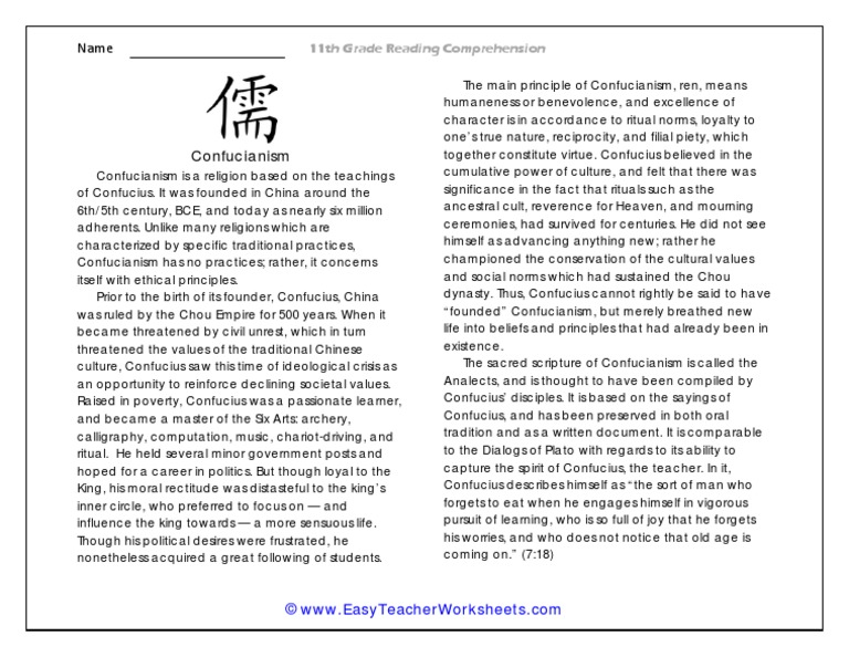 Confucianism: 11th Grade Reading Comprehension | PDF | Confucianism ...