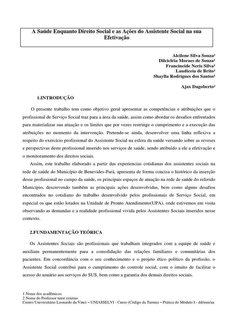 Ações do Assistente Social na Saúde | PDF | Trabalho social | Sociologia