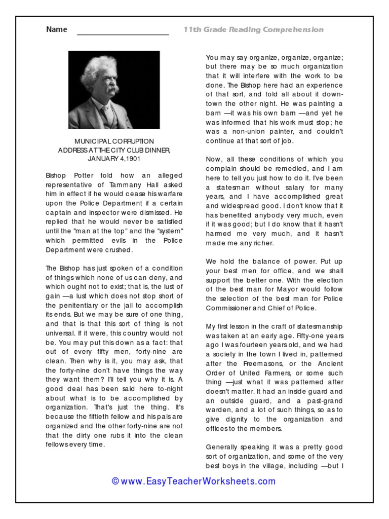 11th Grade Reading Comprehension: Municipal Corruption Address at The ...