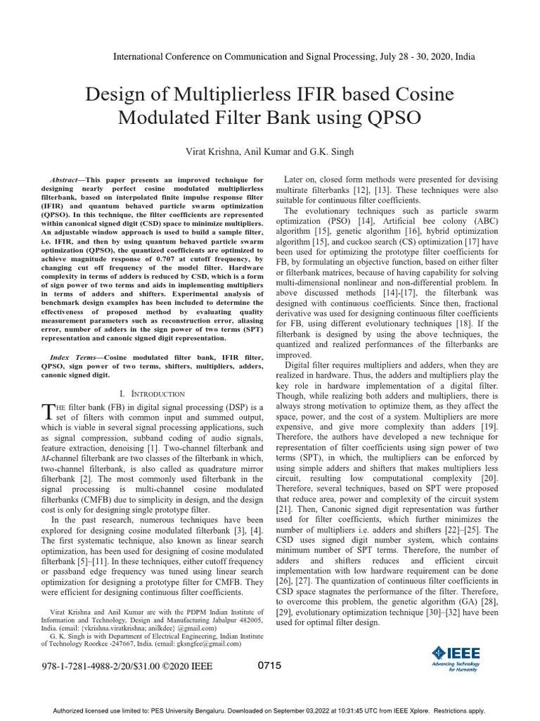 Design Of Multiplierless Ifir Based Cosine Modulated Filter Bank Using Qpso Pdf Filter