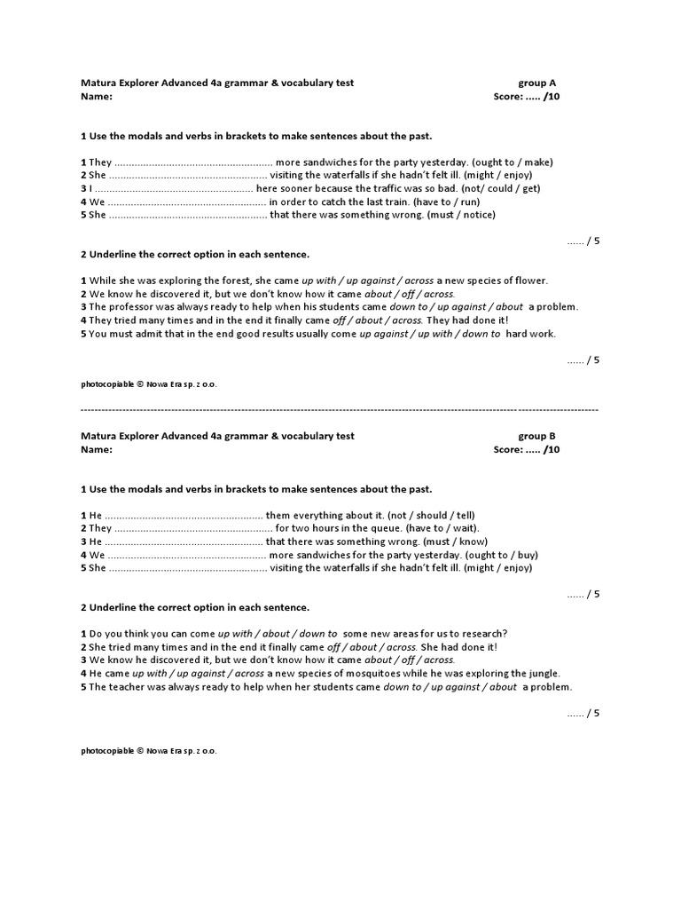 Kartkowka 4a Grammar Vocabulary | PDF | Human Communication | Languages