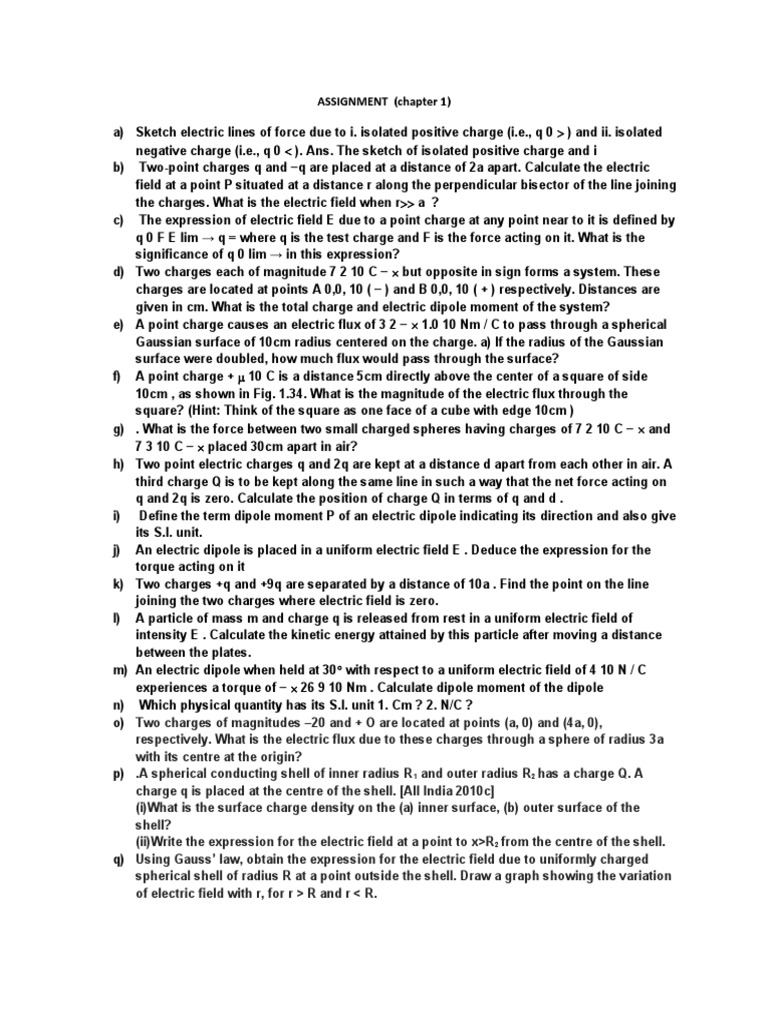 Assignment (CHAPTER 1) XII | PDF | Electric Field | Sphere Assignment (CHAPTER 1) XII | PDF | Electric Field | Sphere