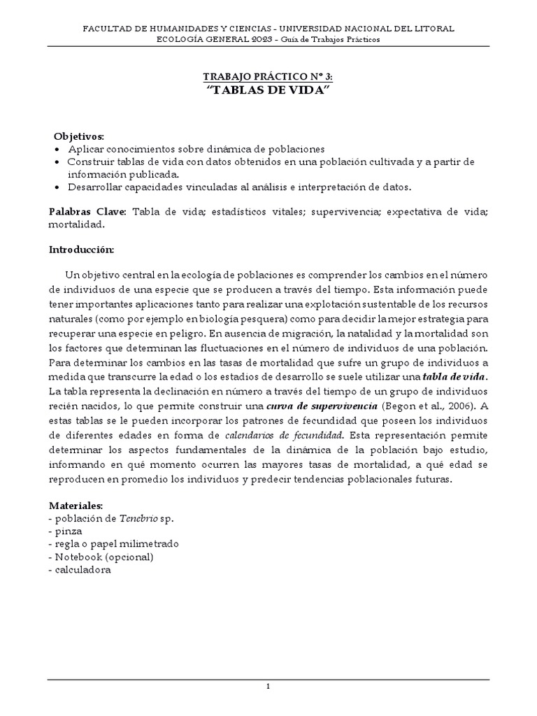 TP3 Ecogen 2023 - Tablas de Vida Final | PDF | Insectos | Población