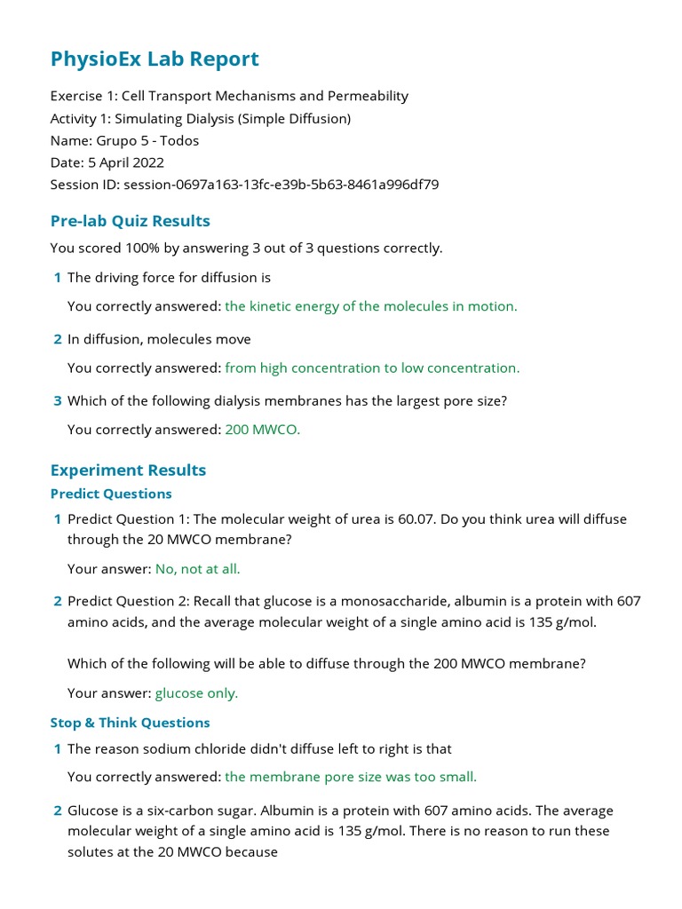 PhysioEx Exercise 1 Activity 1 - Grupo 5 | PDF | Cell Membrane | Proteins