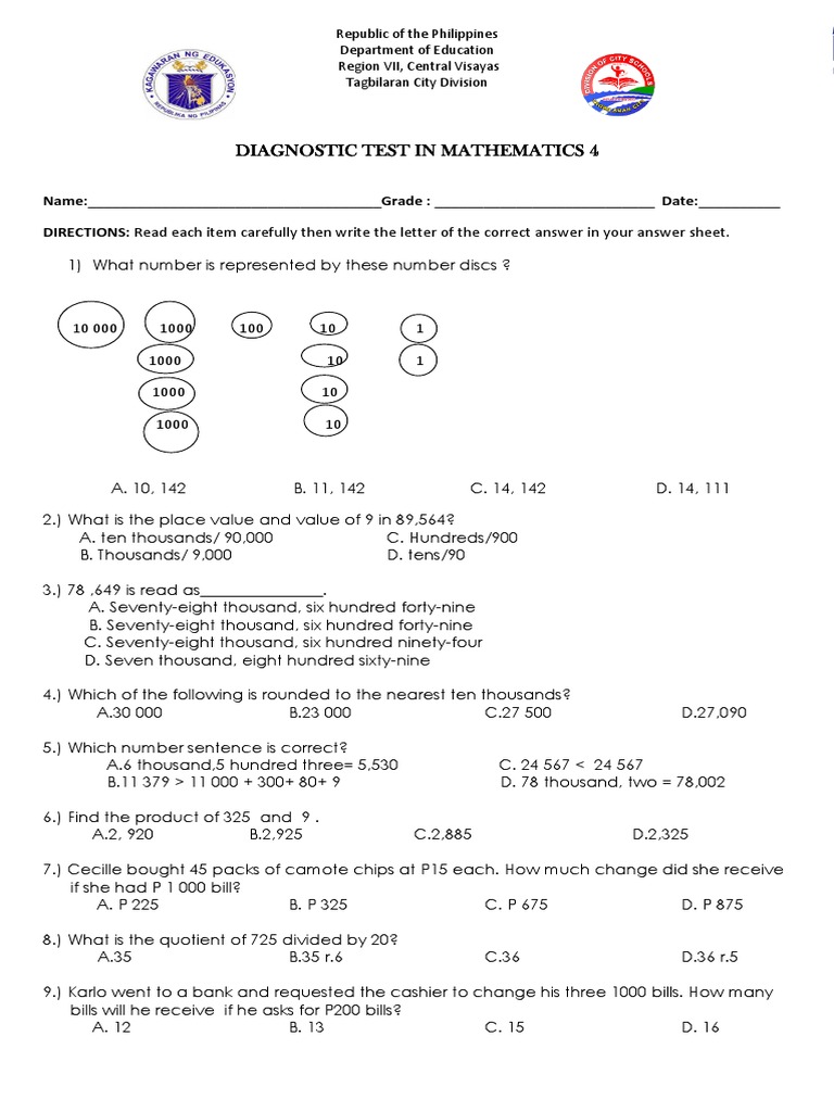 Grade 4 Math Diagnostic Test | PDF