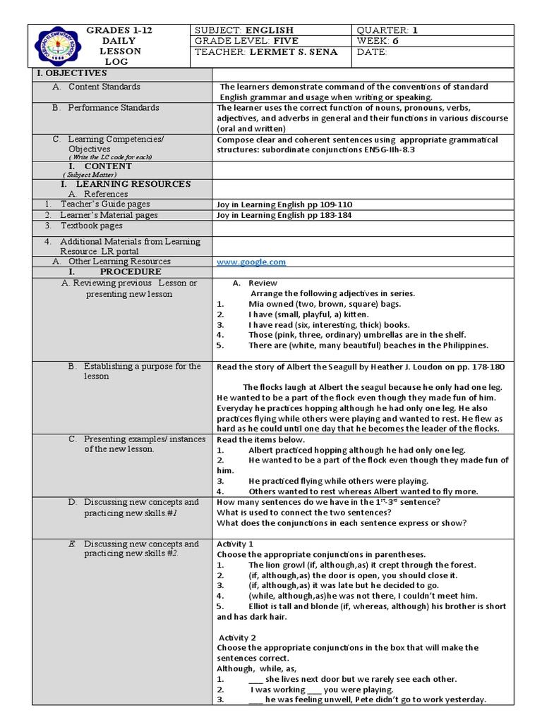 Subordinate Conjunctions Lesson Plan | PDF | English Grammar | English ...