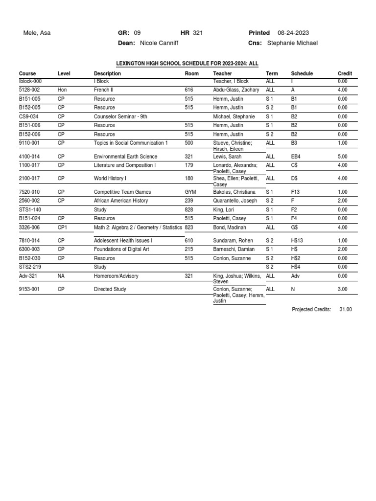 Student Schedule HS-with Times For 2024 | PDF | Abstract Strategy Games ...