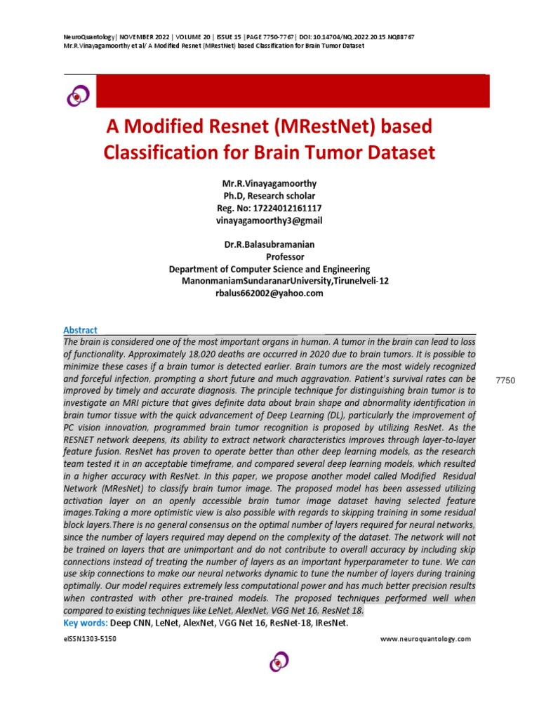 A Modified Resnet (MRestNet) Based Classification For Brain Tumor Dataset | PDF | Machine ...