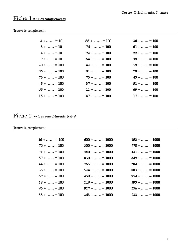 Dossier Calcul Mental 5e Ok | PDF