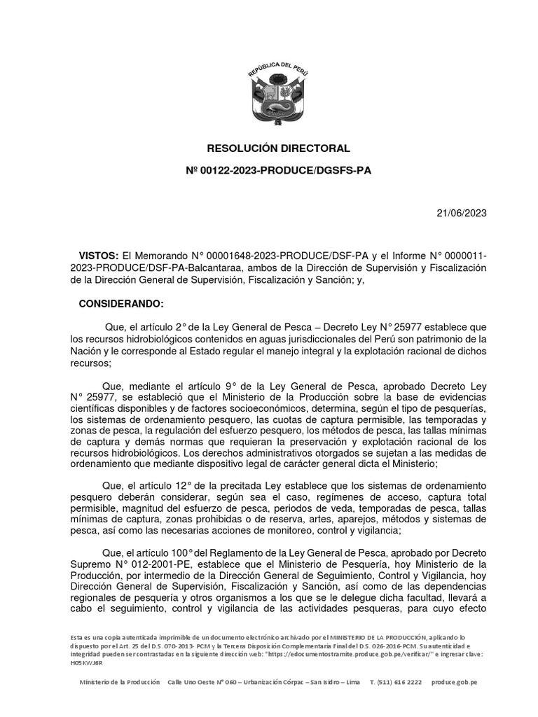 RD #00122-2023-PRODUCE-DGSFS-PA - Incluye Casma | PDF