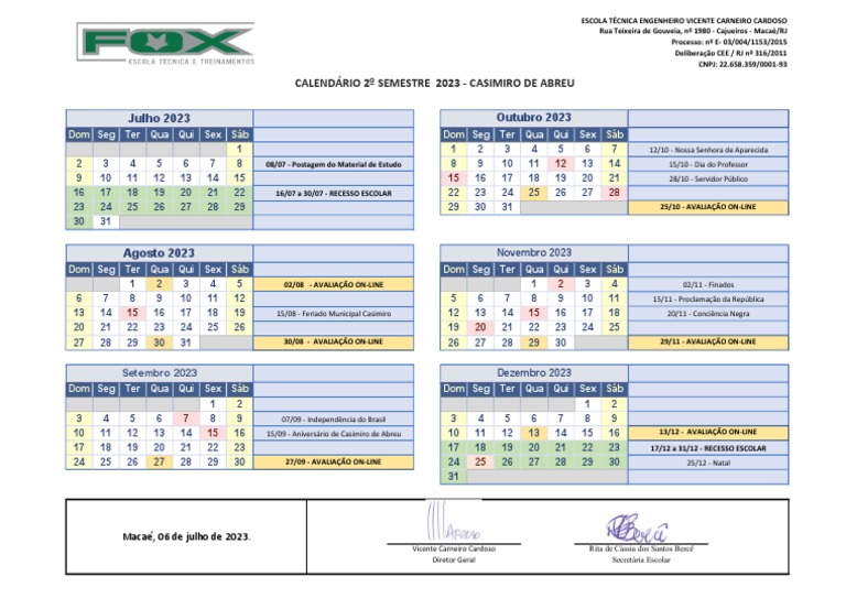 Calendário Escolar 2º Semestre 2023 | PDF