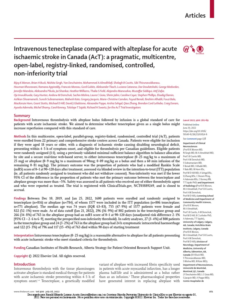Tenecteplasa Vs Alteplasa | PDF | Stroke | Interventional Radiology