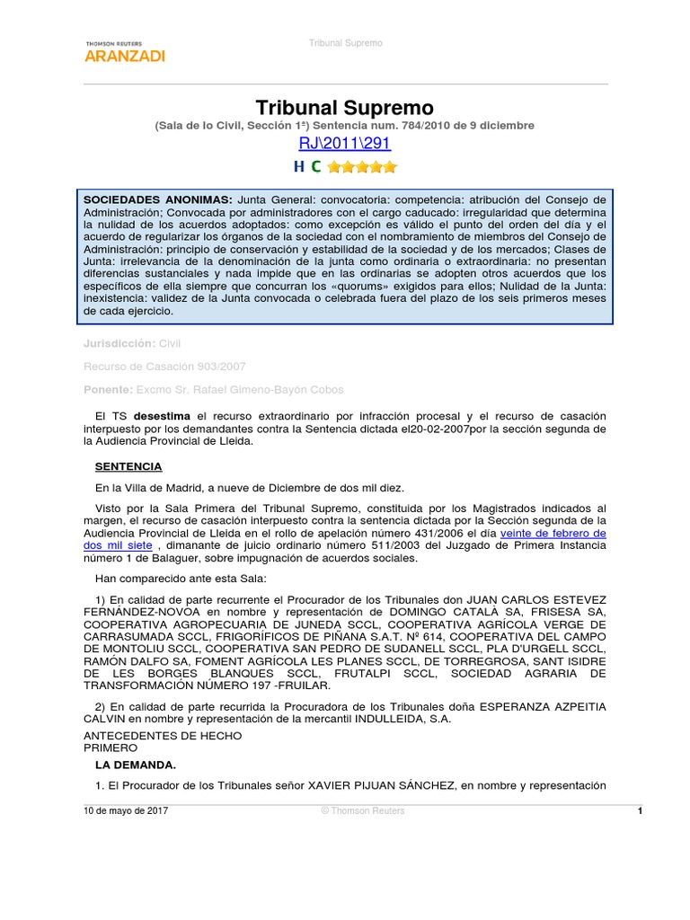 Jur - TS (Sala de Lo Civil, Seccion 1a) Sentencia Num. 784-2010 de 9 Diciembre - RJ - 2011 - 291 ...