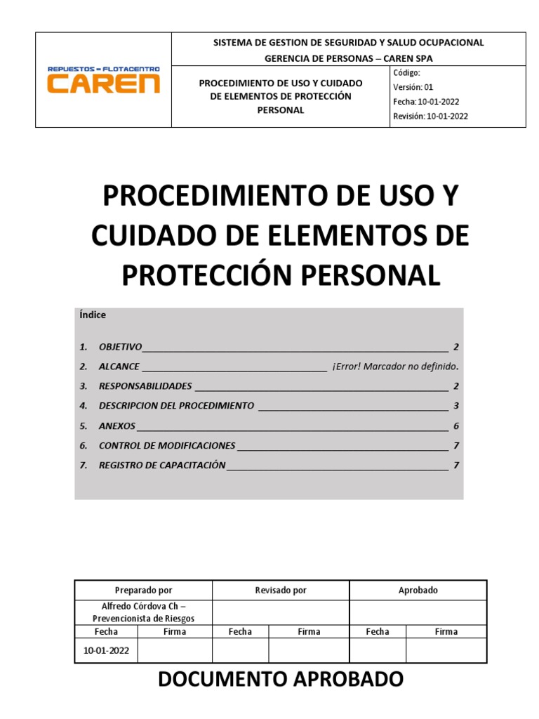 Procedimiento Uso y Cuidado Epp - Caren Spa | PDF