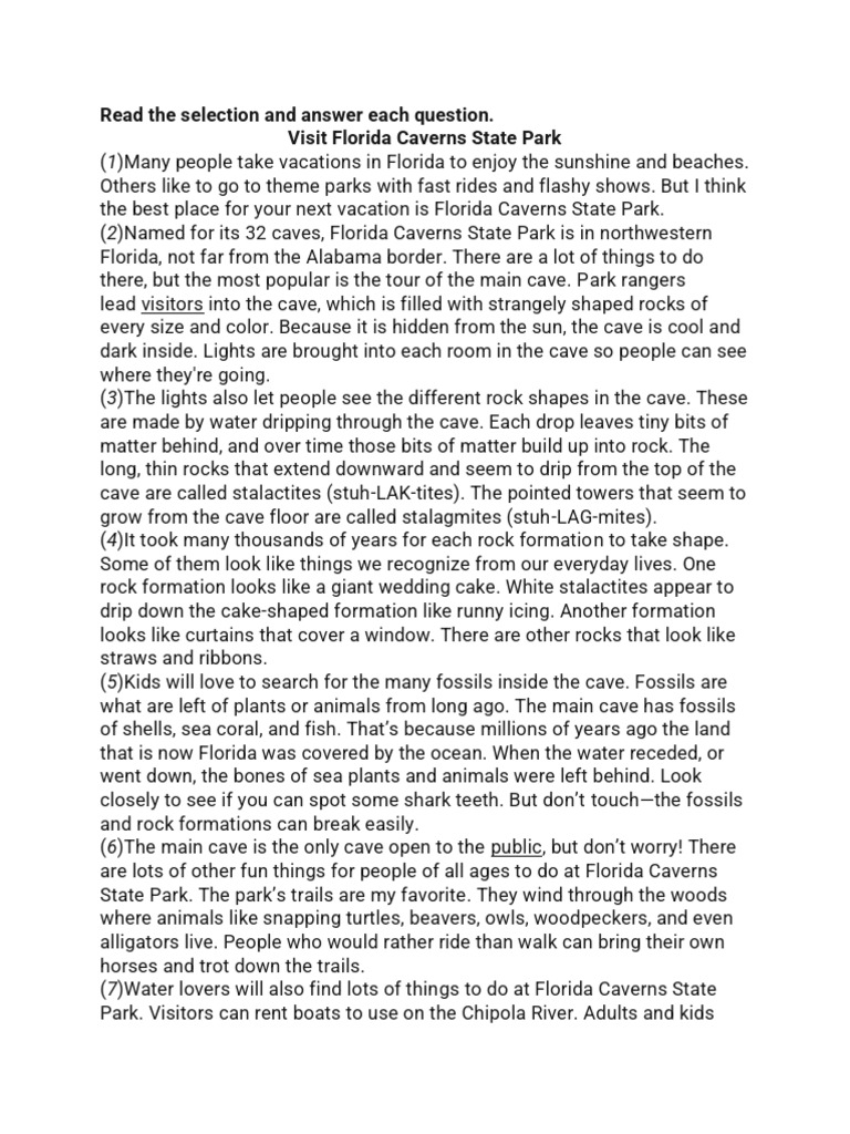 Read The Selection and Answer Each Question. Visit Florida Caverns ...