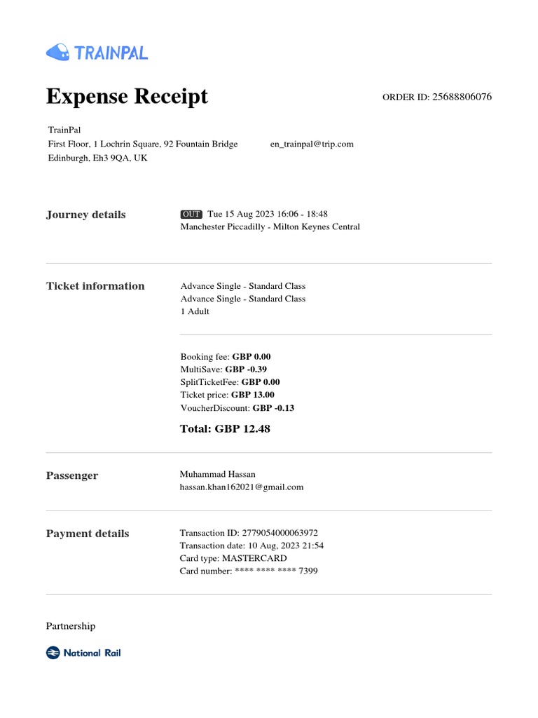 Train Pal Expense Receipt | PDF
