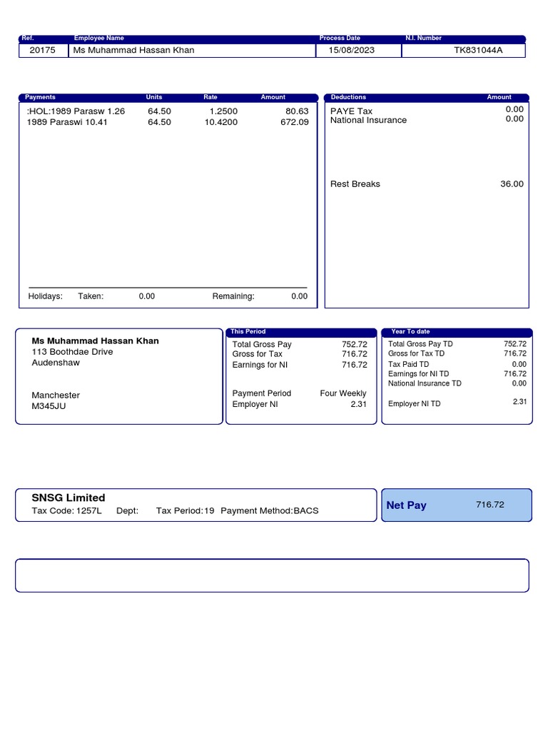 Payslip For Tax Week - 19, Tax Year - 2023-2024 | PDF