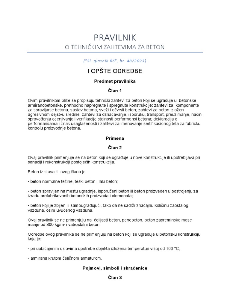 Pravilnik o Tehnickim Zahtevima Za Beton 2023 | PDF