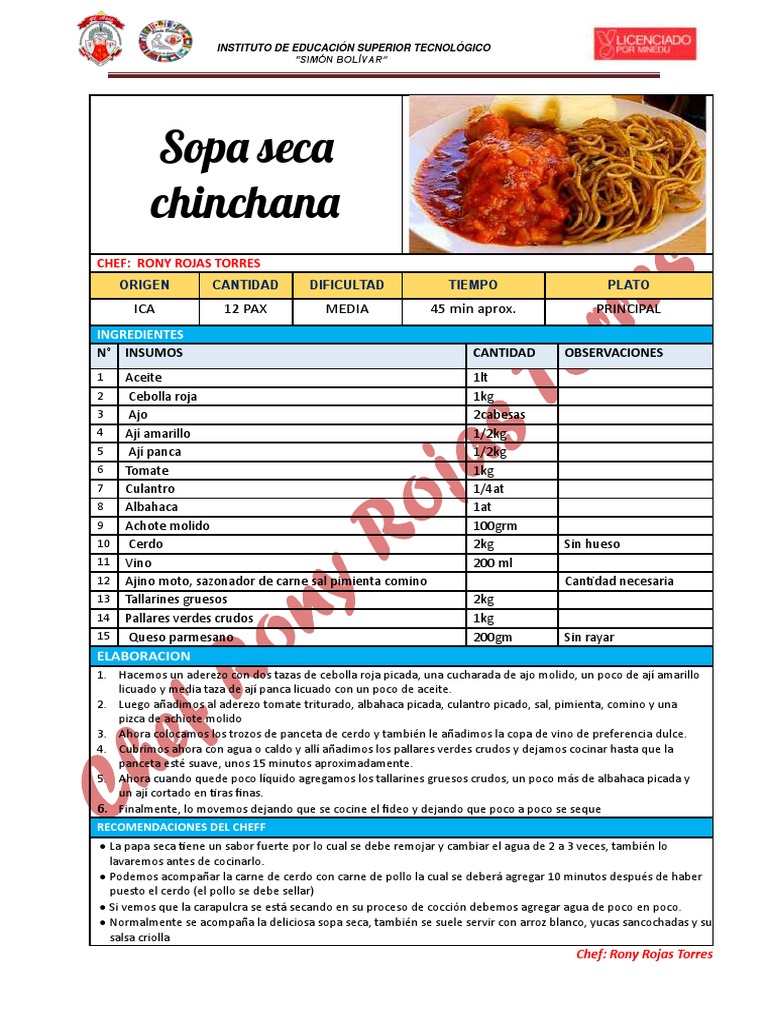 Receta de Sopa Seca Con Carapulcra | PDF | Sopa | Comida y bebida