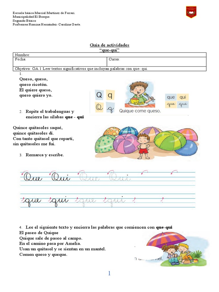 Actividades con "que" y "qui" para niños | PDF