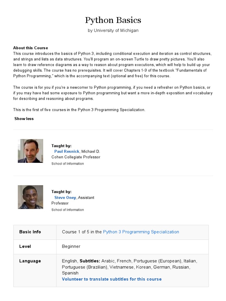 Coursera - Programa Curso Python Basics - University of Michigan | PDF ...