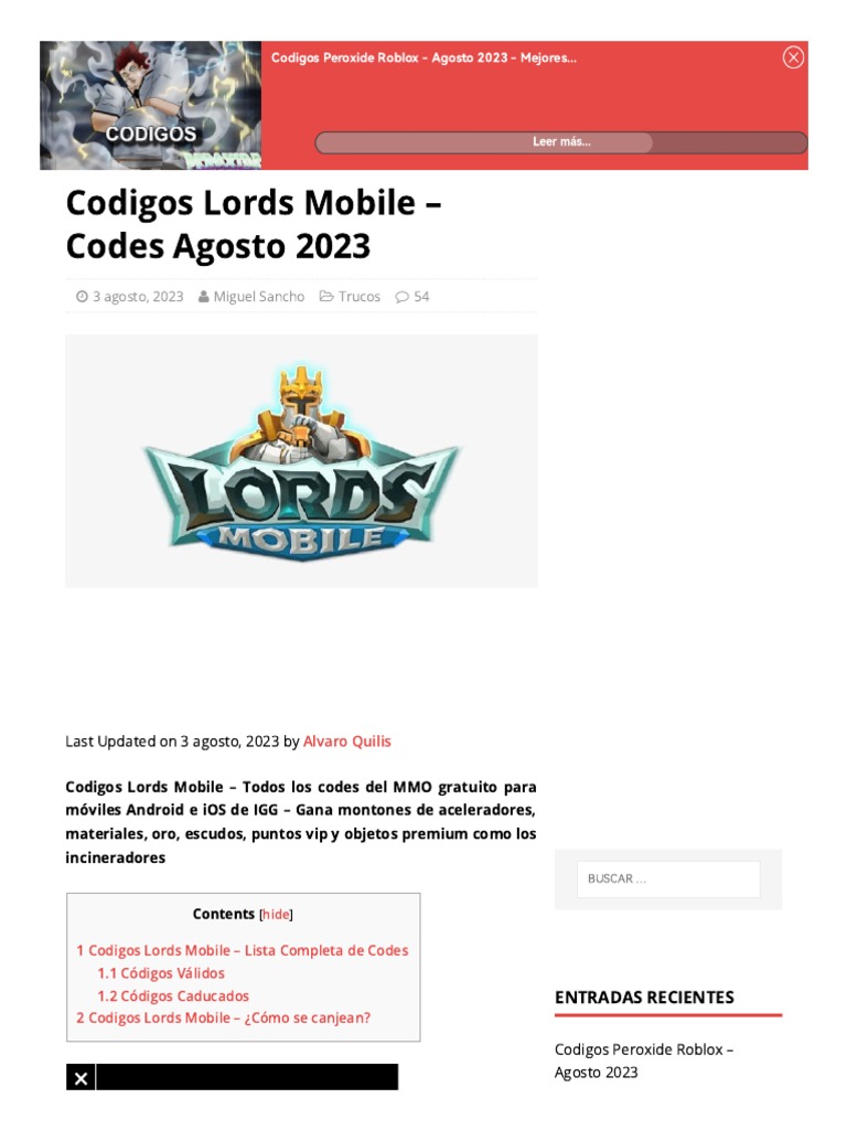 Codigos Lords Mobile - Codes Agosto 2023 | PDF | Videojuegos