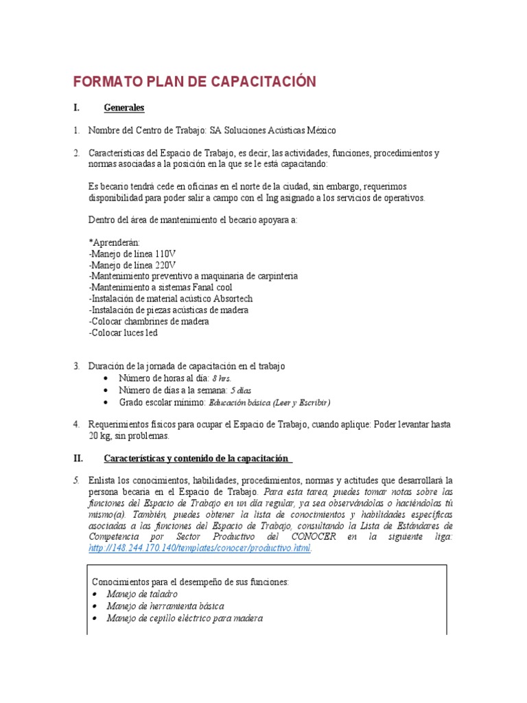 Formato plan de capacitación Aux Carpinteria STPS 2021 | PDF