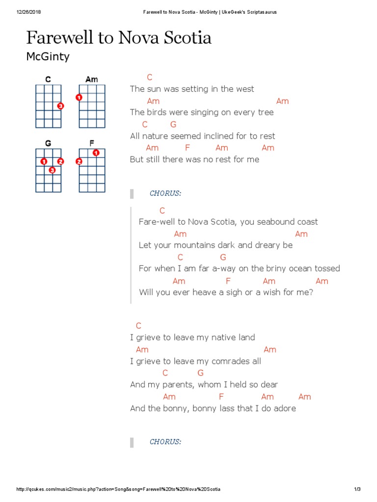 Farewell to Nova Scotia Lyrics & Chords | PDF | Provinces And ...