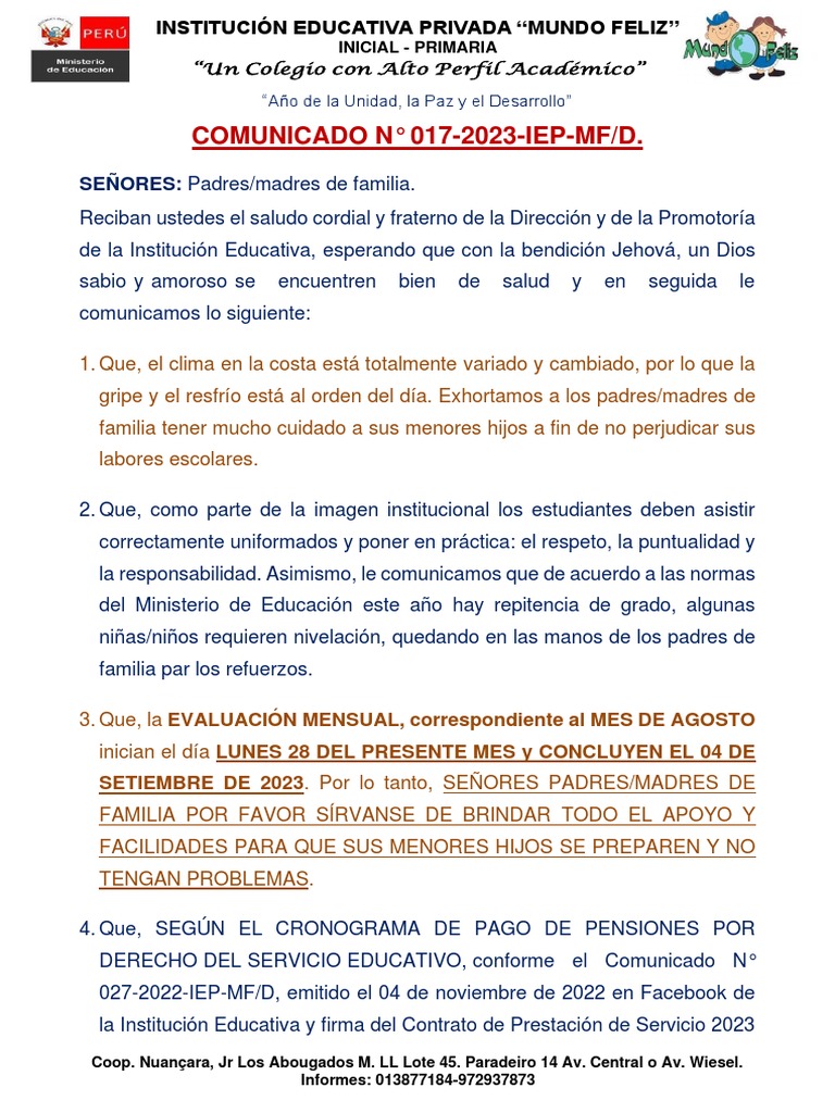 Comunicado 017, A Los Padres de Familia Evaluaciones Del Mes Agosto 2023 | PDF