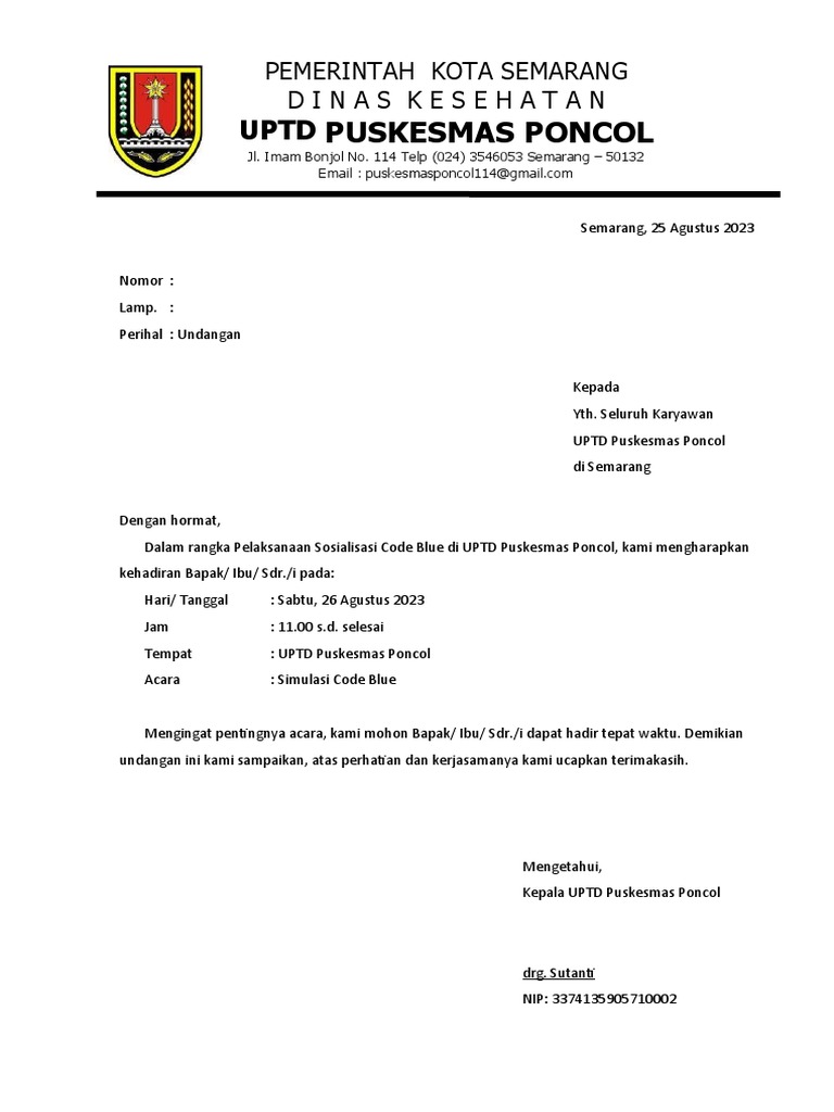 Undangan Simulasi Code Blue UPTD Puskesmas Poncol | PDF
