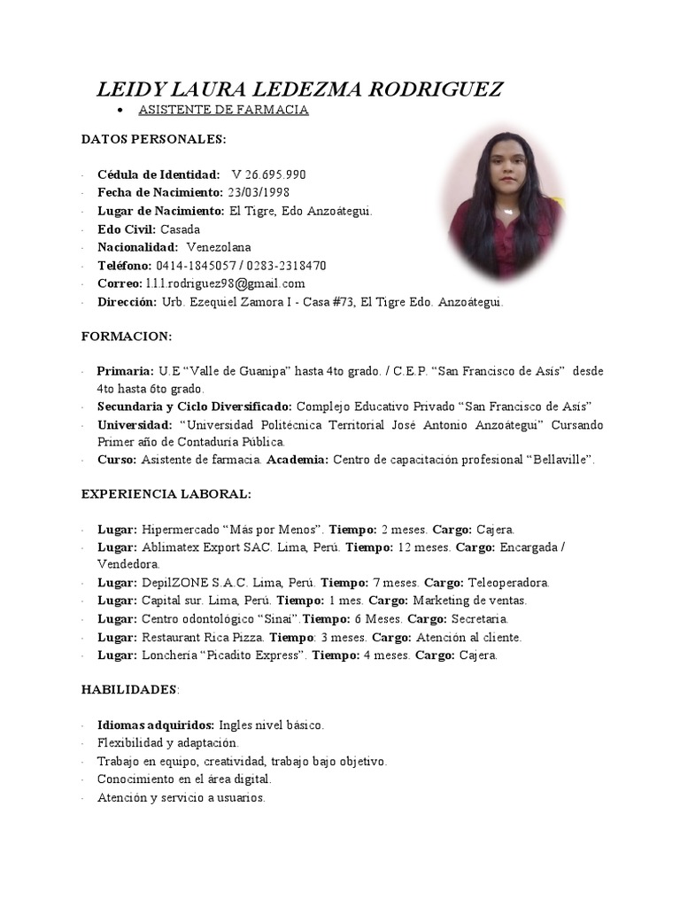 CV Asistente de Farmacia - Leidy Ledezma | PDF