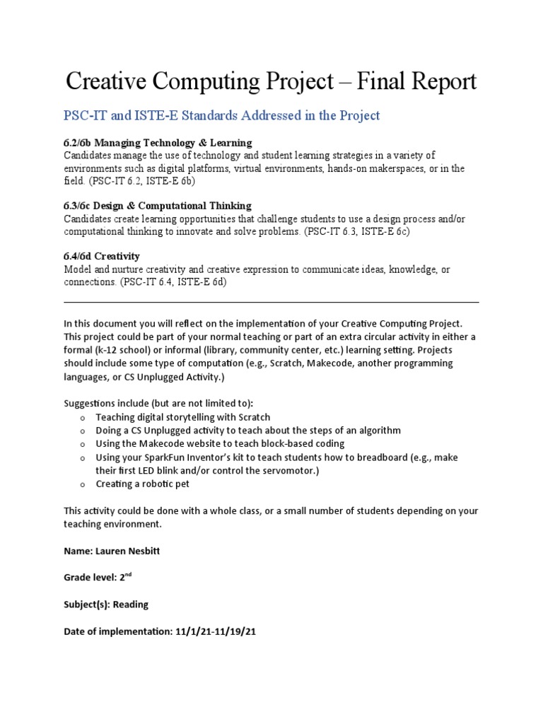 Creative Computing Project - Final Report Lauren Nesbitt | PDF ...