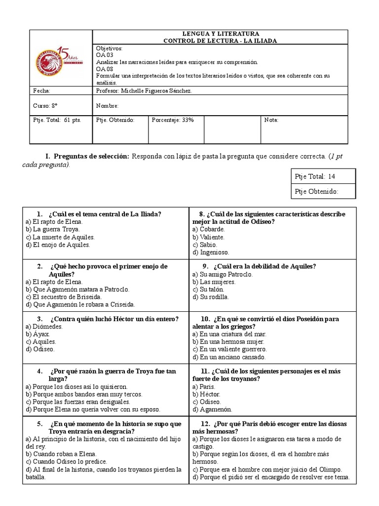 Control de Lectura - La Iliada Novela Gráfica.docx | PDF | París (mitología) | Aquiles