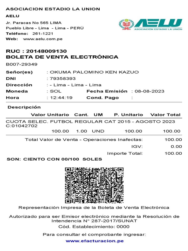 RUC: 20148009130 Boleta de Venta Electrónica: Jr. Paracas No 565 LIMA ...