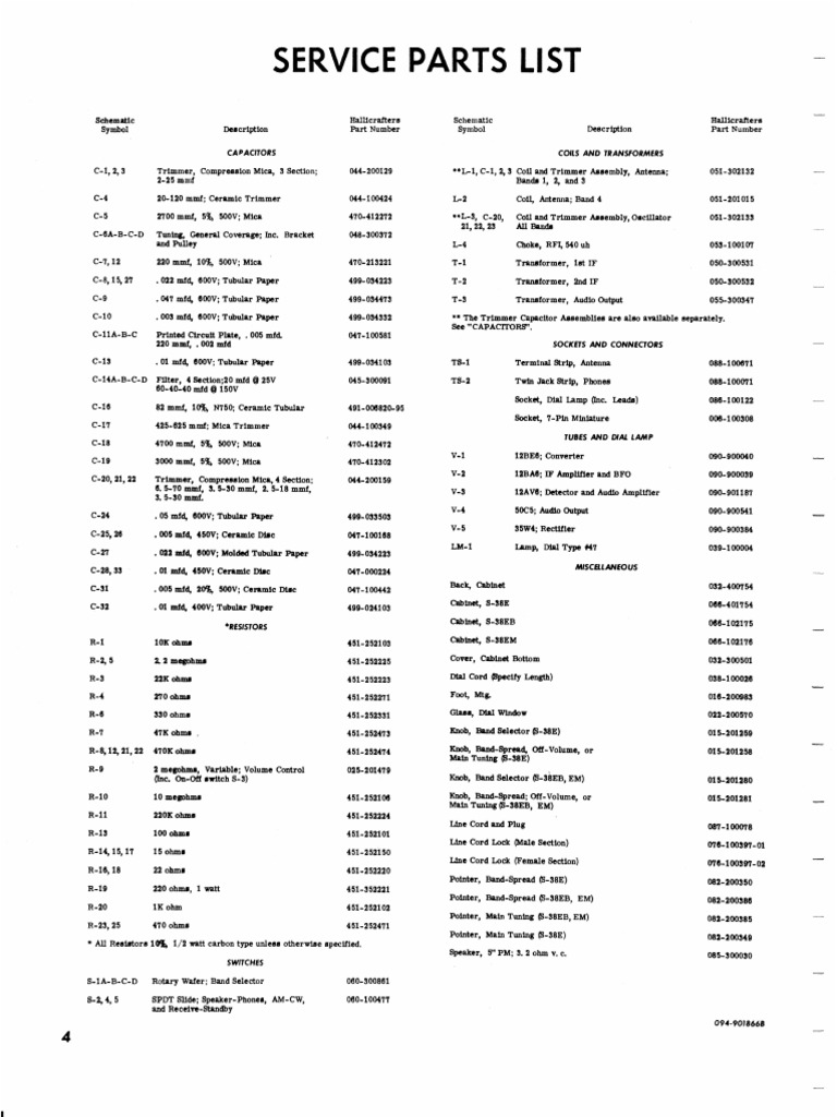 Hallicrafters S-38E, - EB-EM Service Parts List 094-901866B | PDF