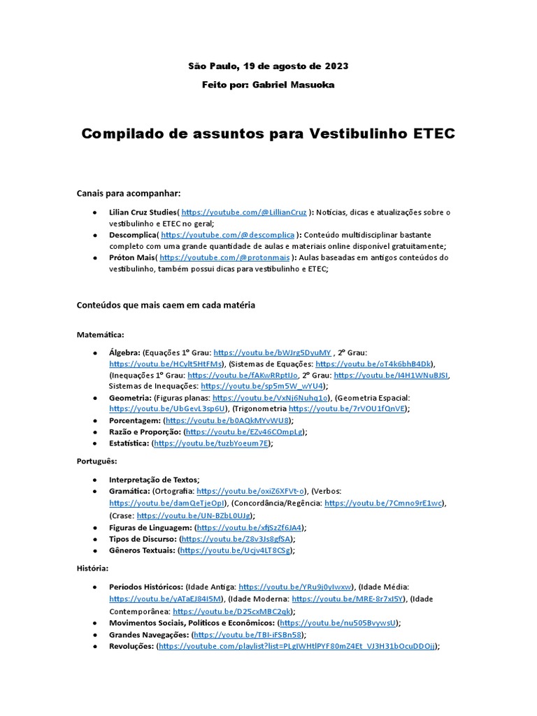 Resumo de Matérias para Vestibulinho ETEC | PDF | Tempo | Geografia