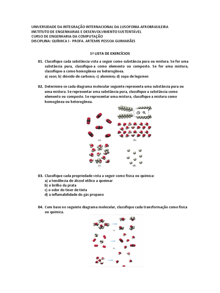 1a Lista de Exercícios - Química I | PDF | Substancias químicas | Química