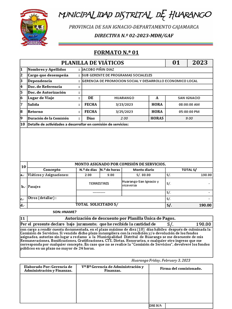 2-Formato #01-2023 - Planilla de Viáticos | PDF