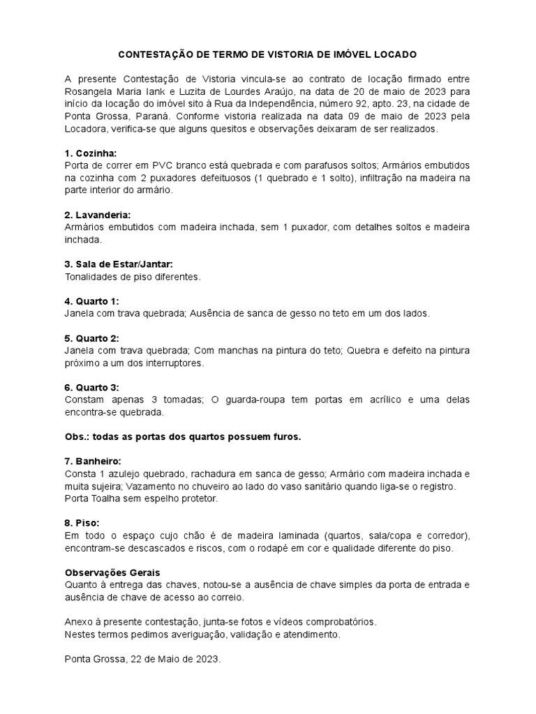 Contestação de Termo de Vistoria de Imóvel Locado | PDF