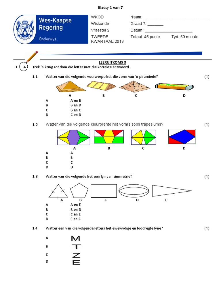 Graad 7 Math June 2013 Vraestel 2 | PDF