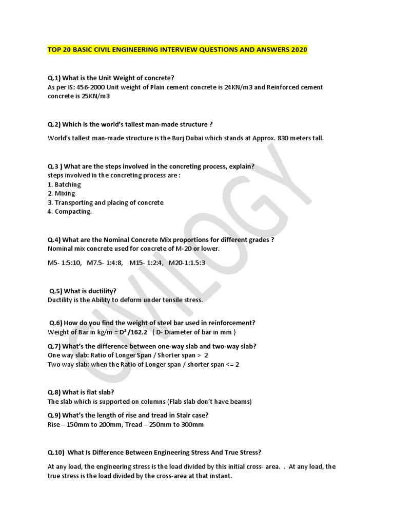 60 Civil Interview Questions | PDF