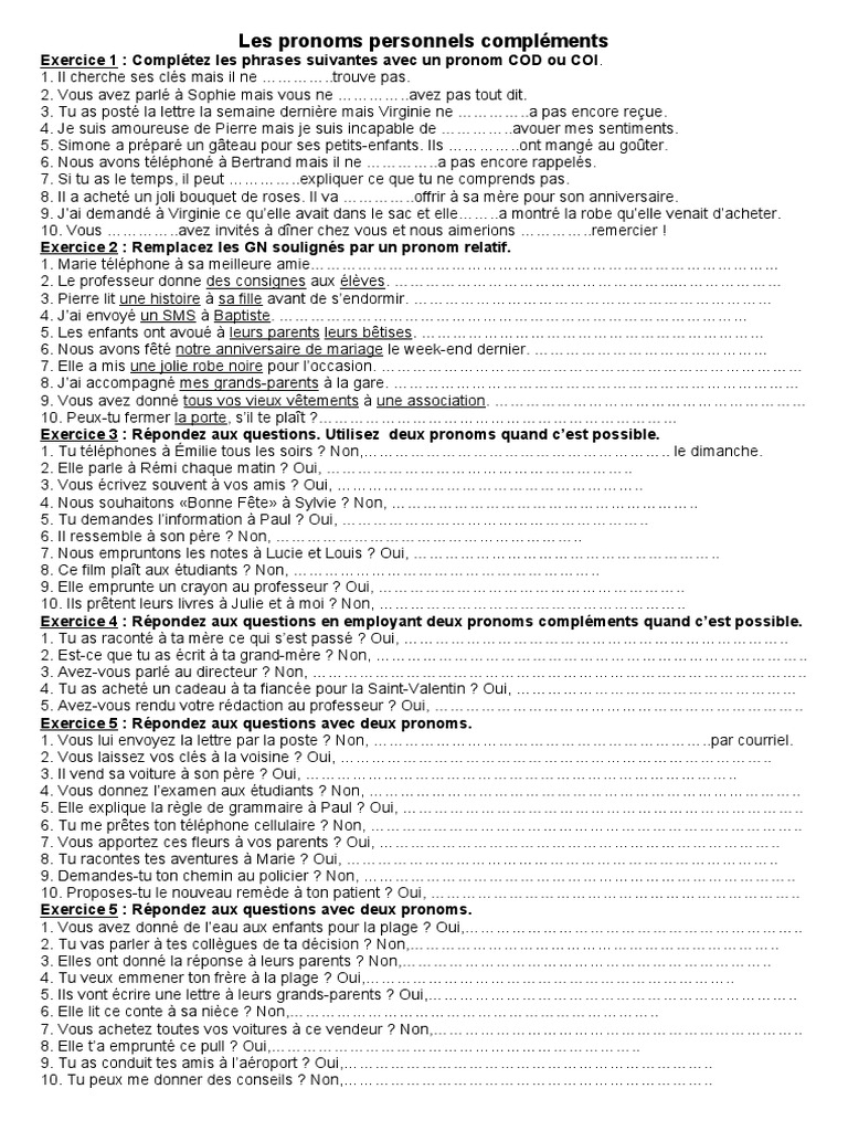 Les Pronoms Personnels Compléments Exercices | PDF