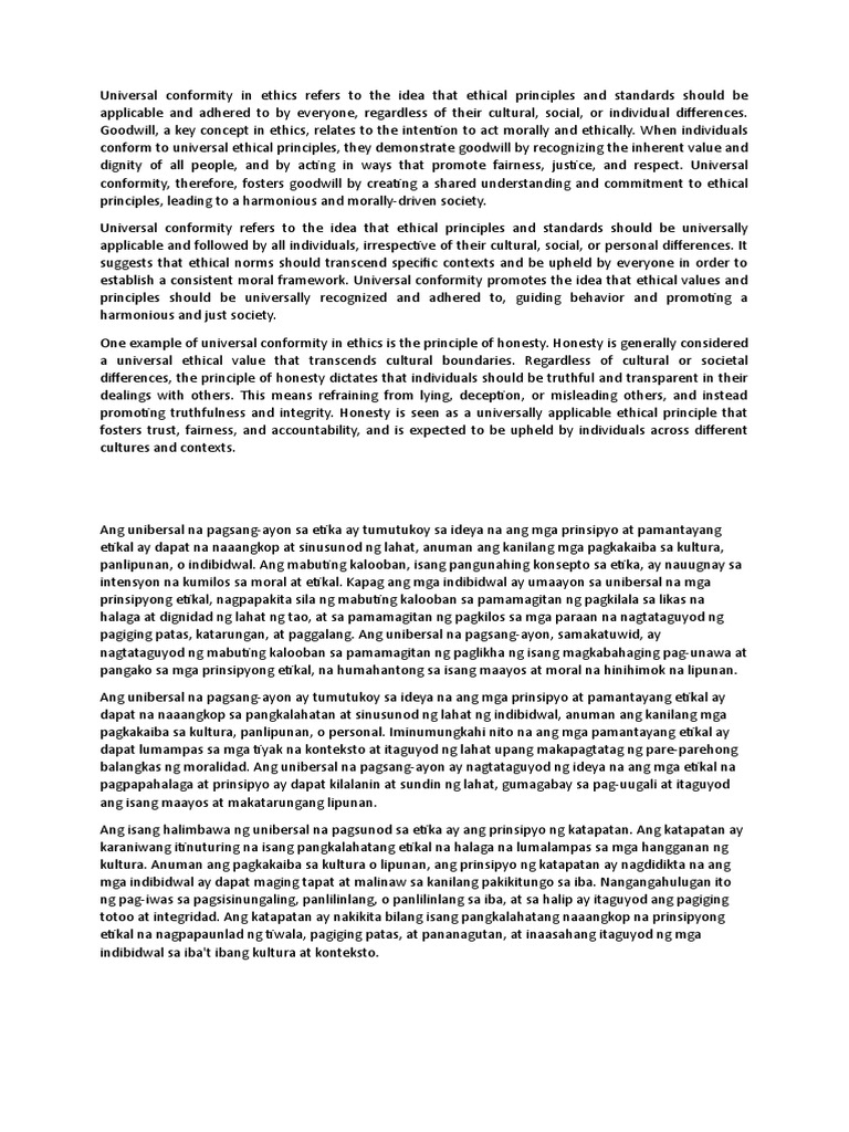 Universal Conformity in Ethics Refers To The Idea That Ethical ...