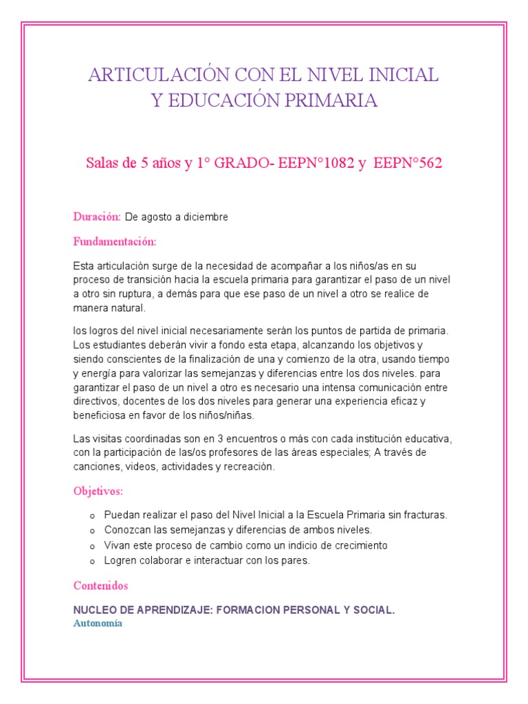 Articulación Con El Nivel Inicial | PDF | Educación primaria | Educación de la primera infancia