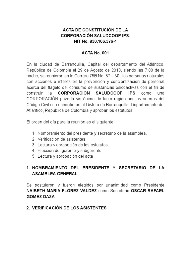Acta de Constitución de La Corporación Saludcoop | PDF | Contabilidad | Corporaciones
